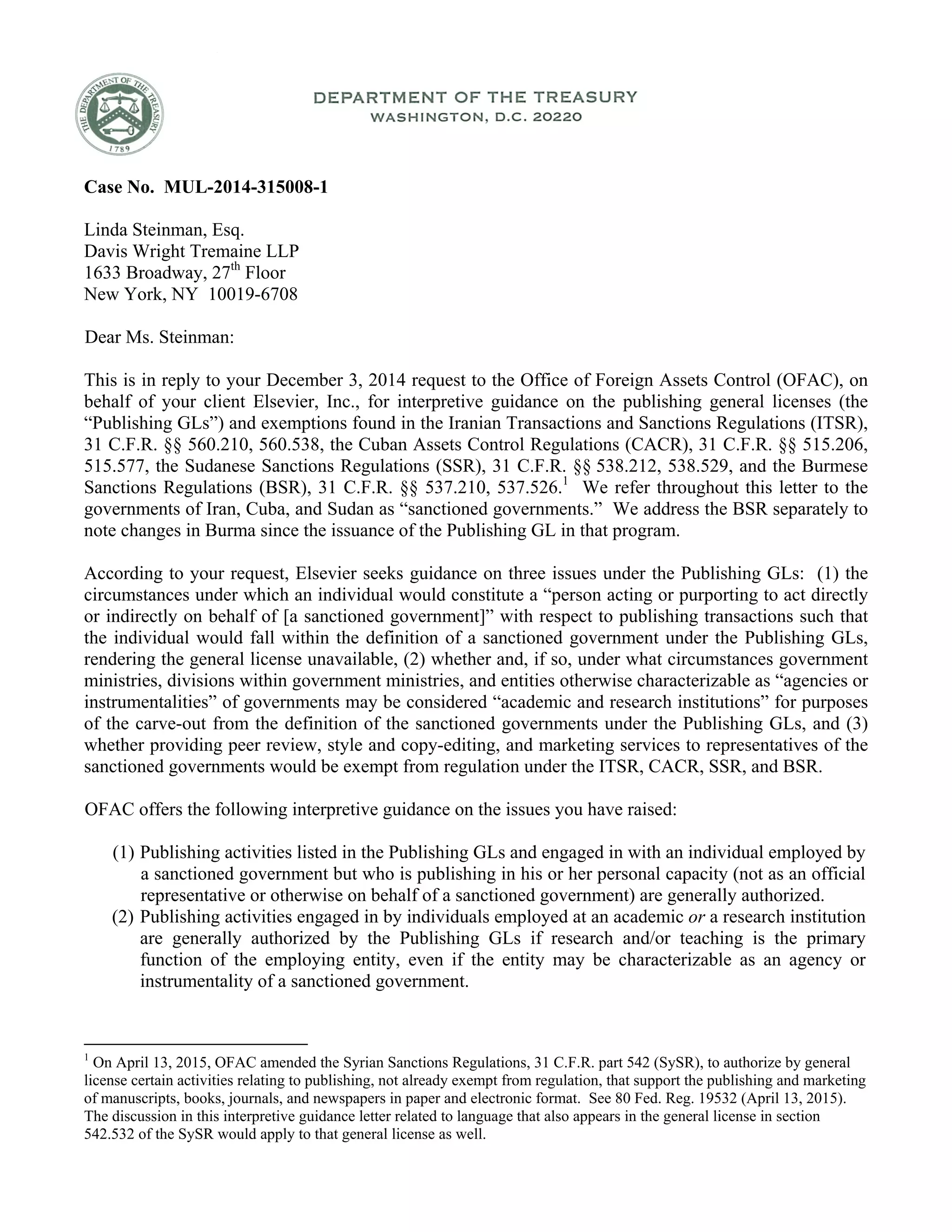 Response from OFAC to Elsevier, October 2015 | PDF