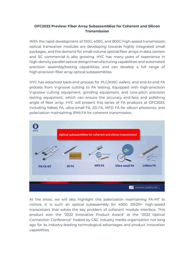 OFC2023 Preview Fiber Array Subassemblies for Coherent and Silicon Transmission.pdf