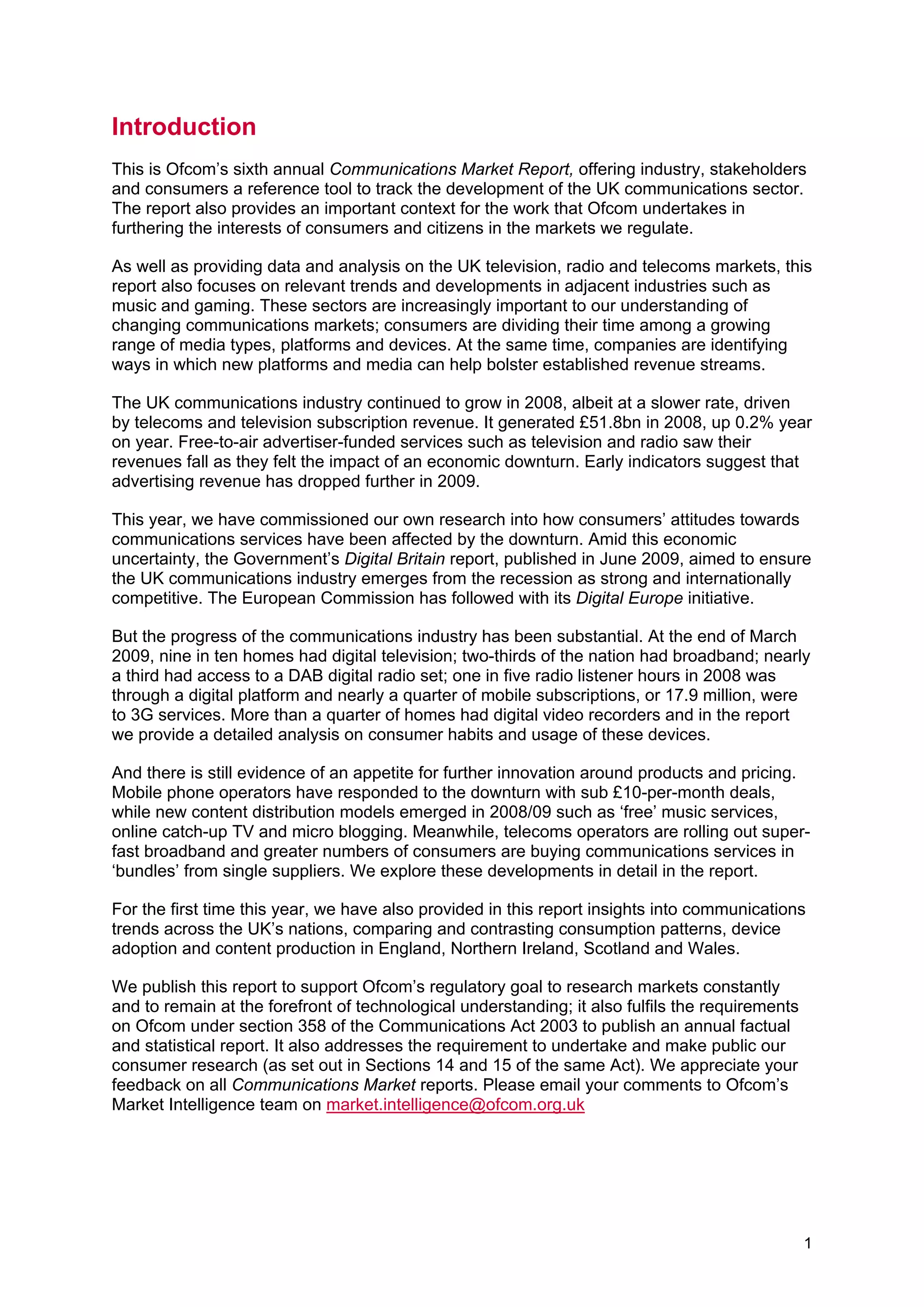 Ofcom - The Communications Market in UK 2009 | PDF