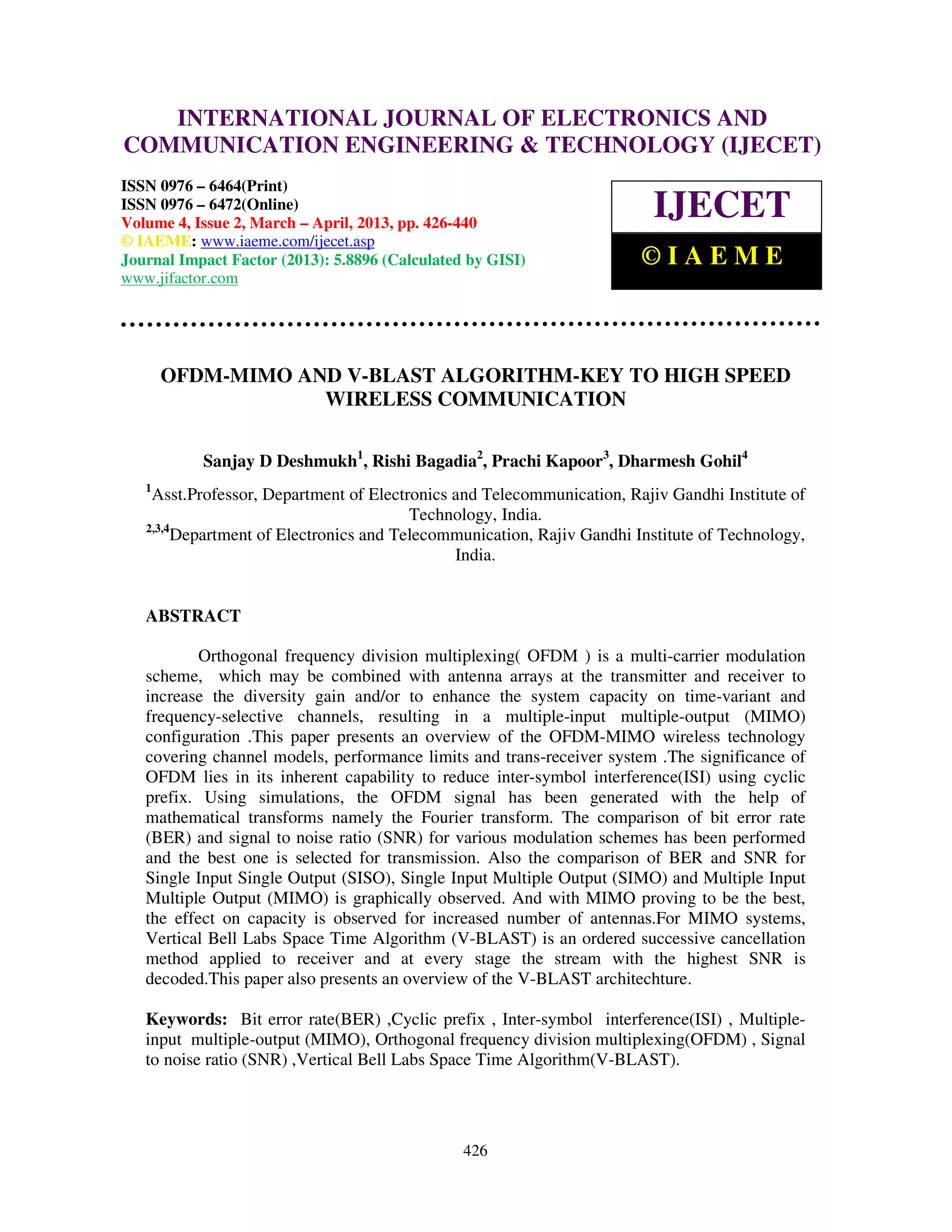 Ofdm mimo and v-blast algorithm-key to high speed wireless communication | PDF | Computer ...