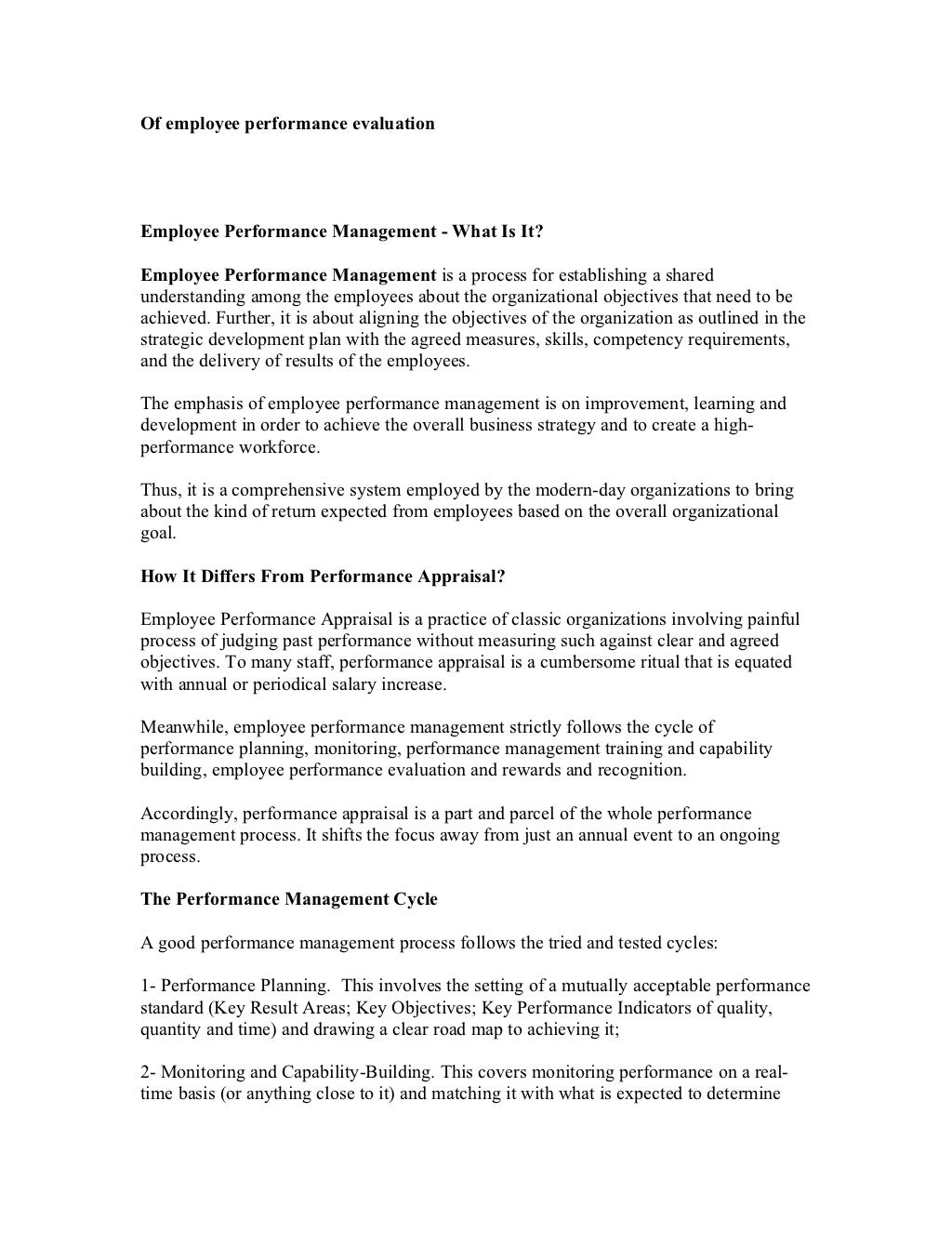 Of employee performance evaluation