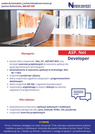 Oferta pracy Asp. Net Developer Kraków | PDF