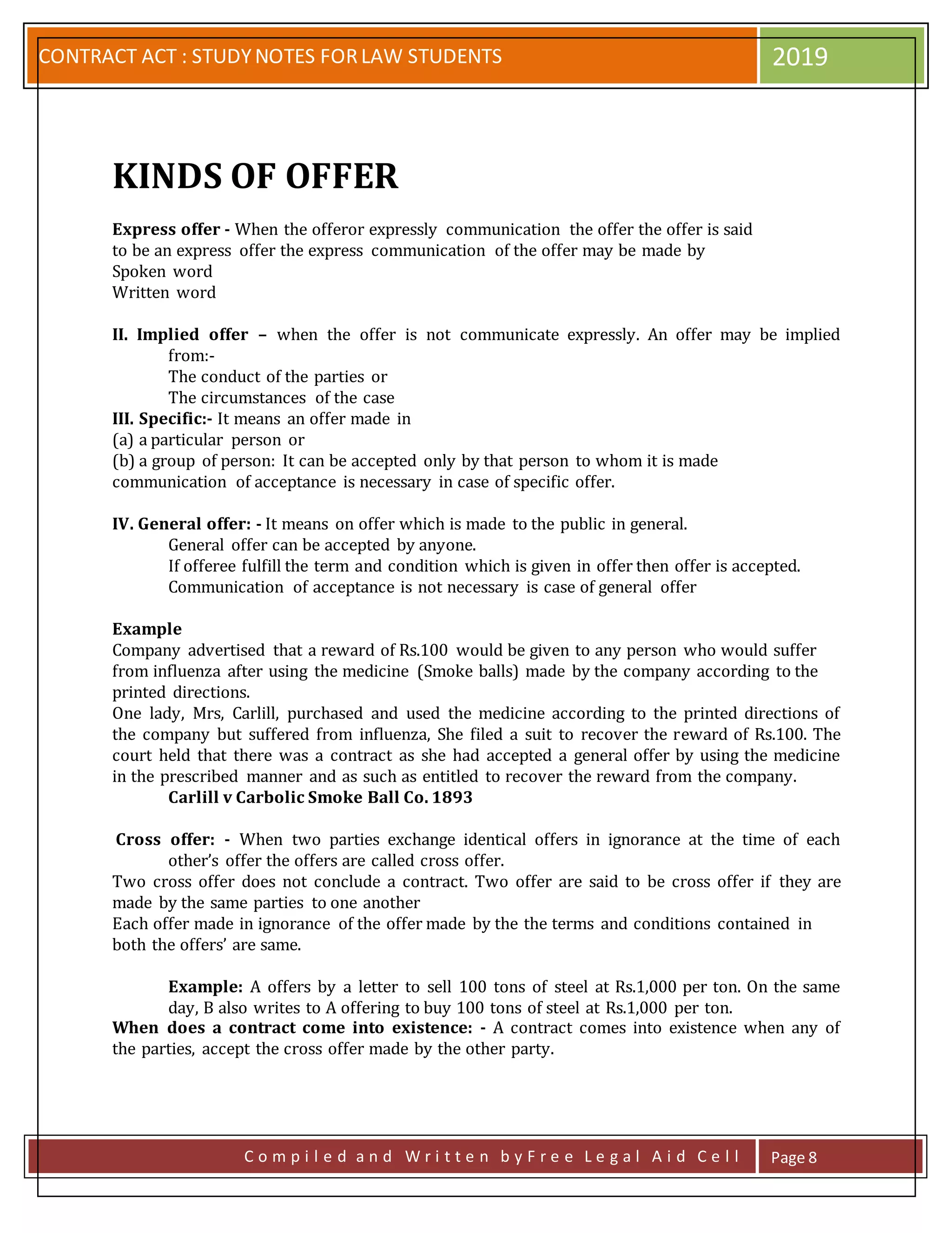 Offer(proposal ) contract act short study notes | DOCX