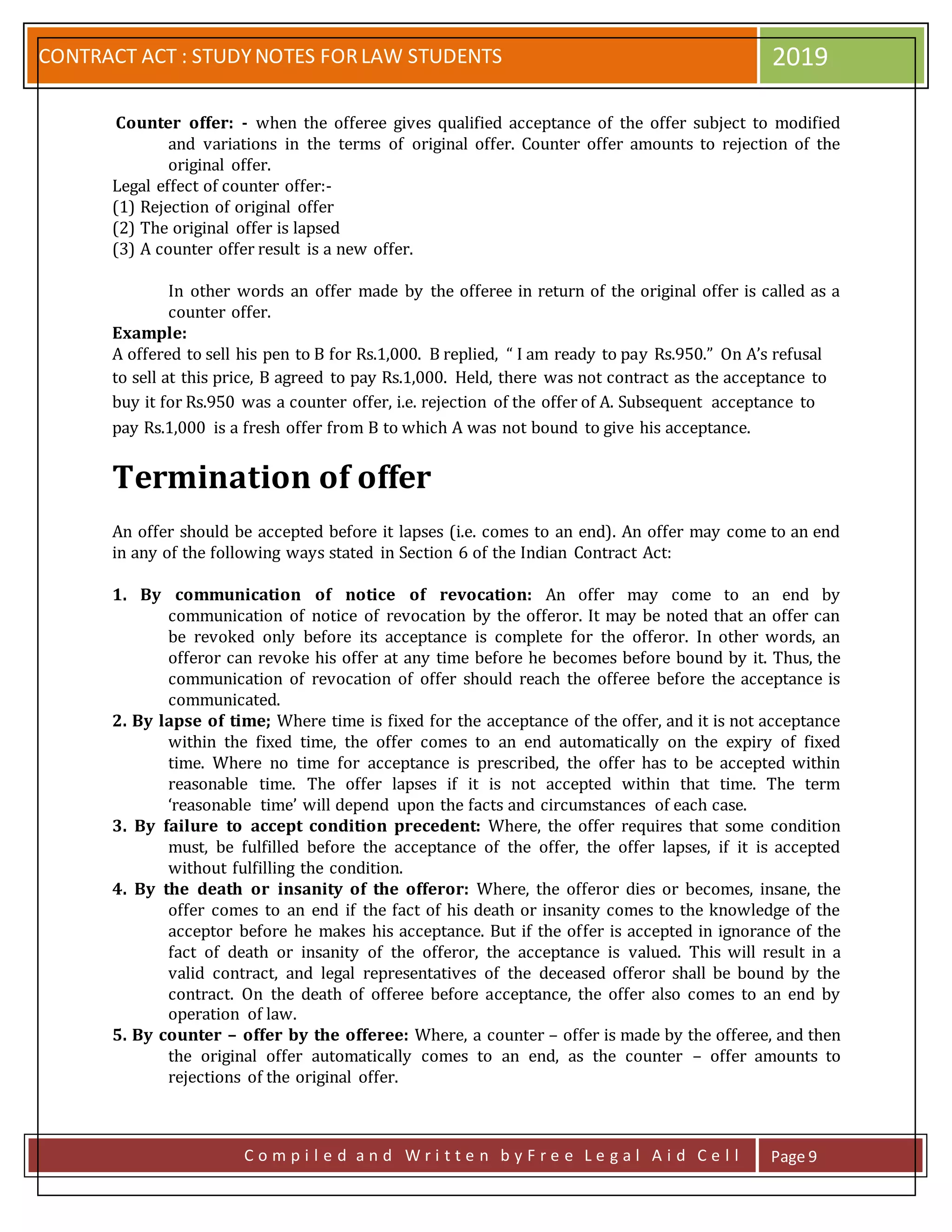Offer(proposal ) contract act short study notes | DOCX