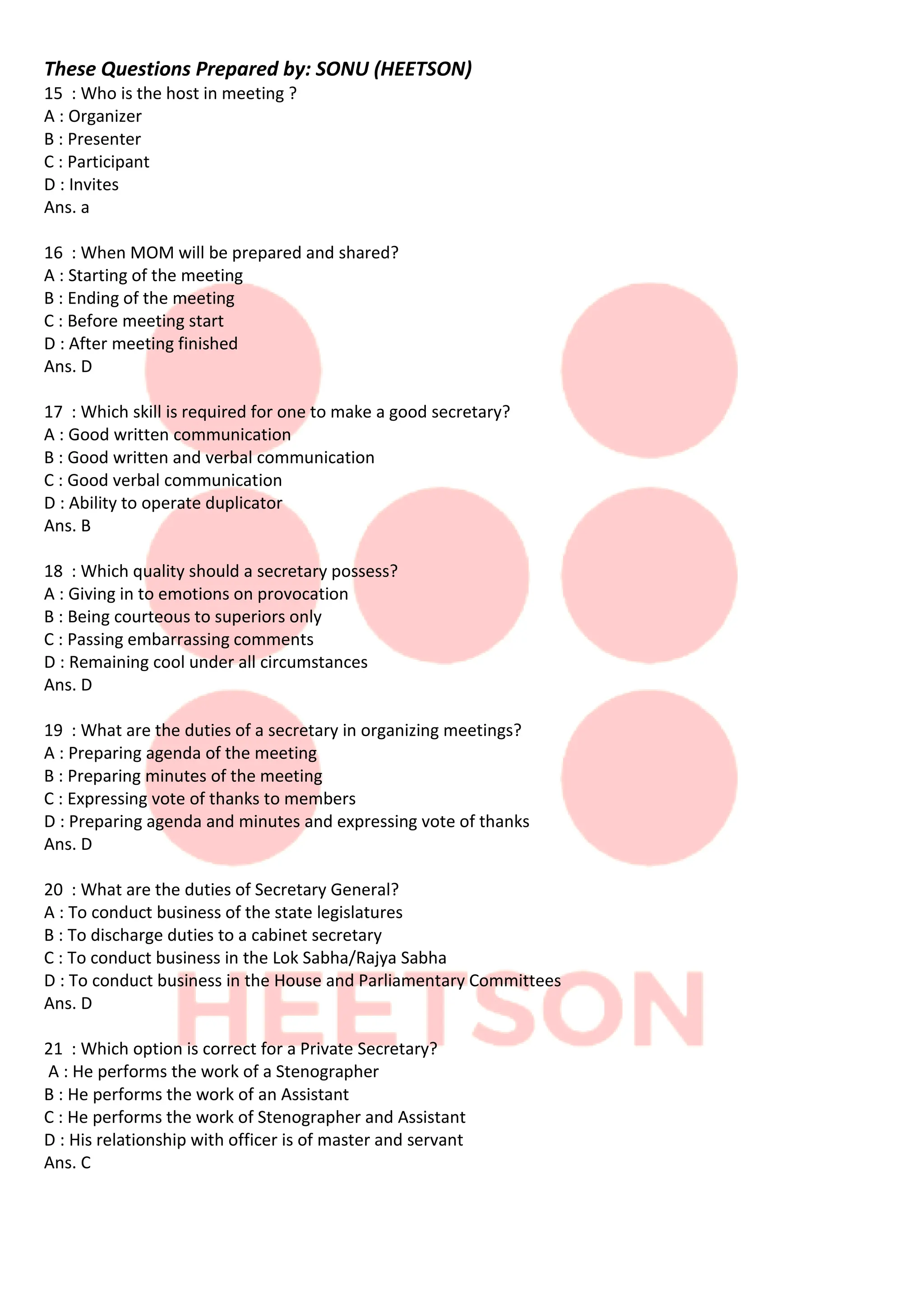 Front Office Assistant ITI Office Practice MCQ | PDF