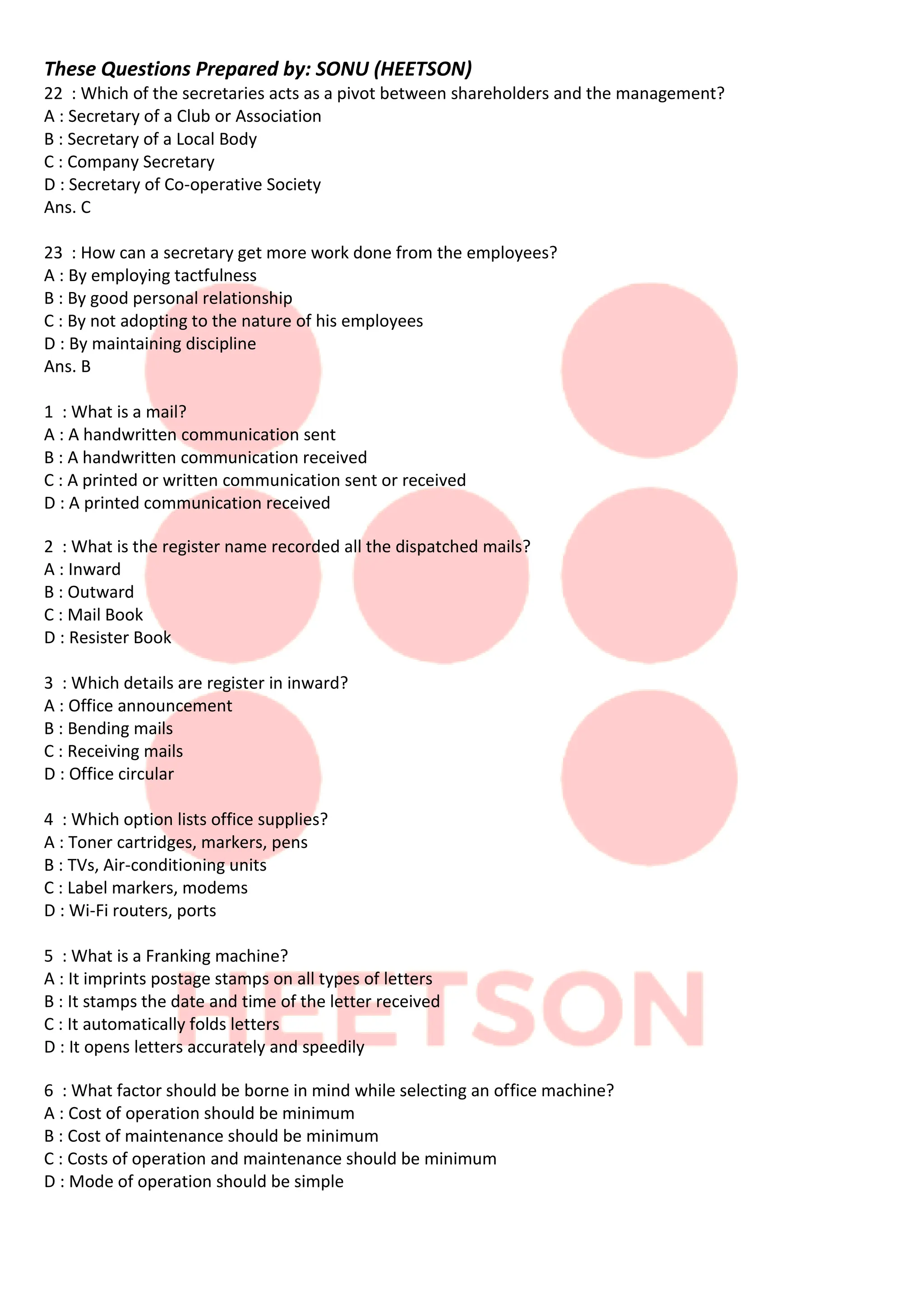 Front Office Assistant ITI Office Practice MCQ | PDF