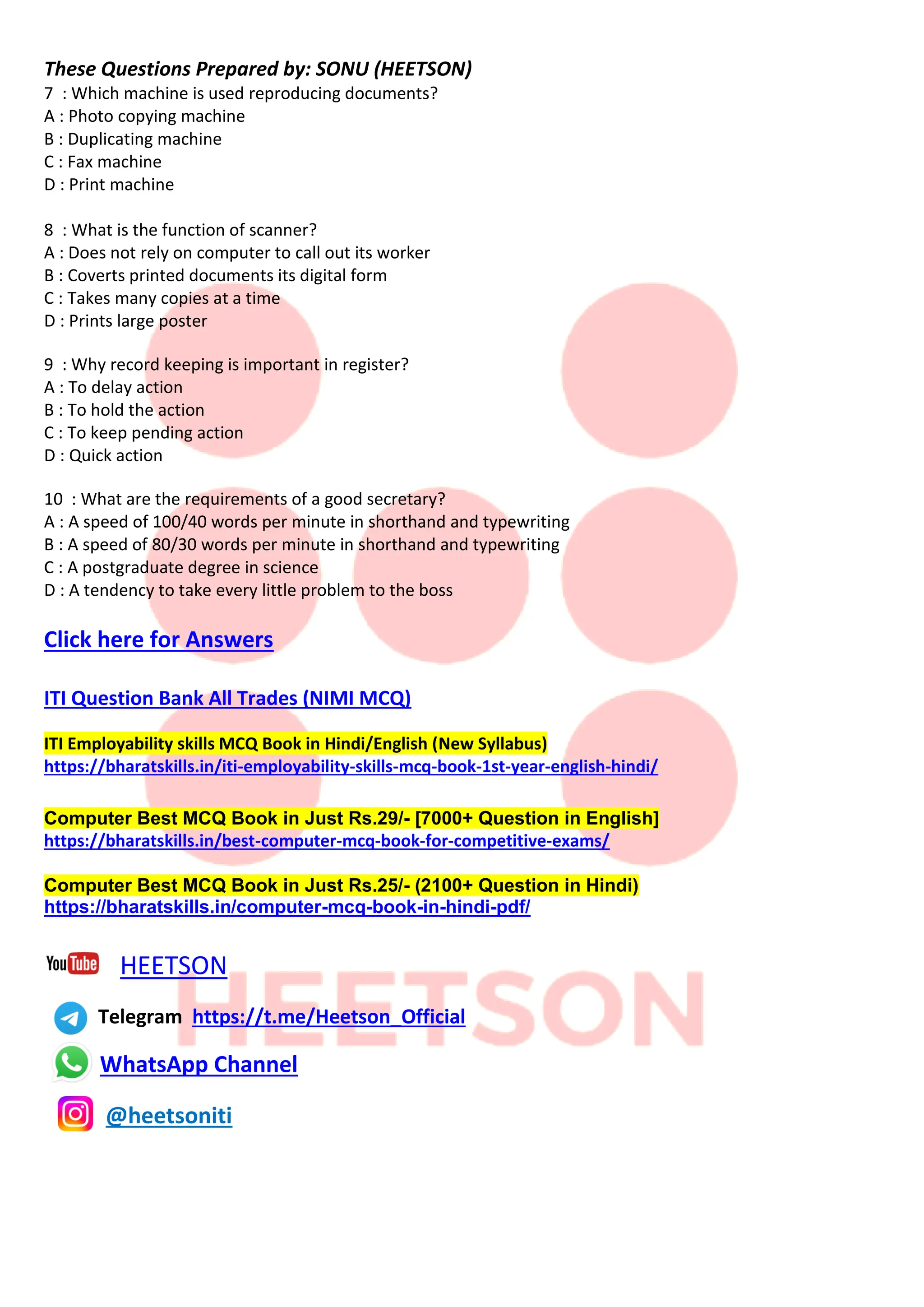 Front Office Assistant ITI Office Practice MCQ | PDF