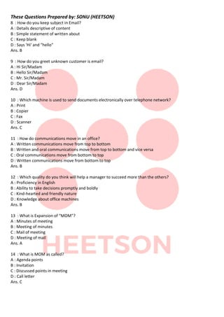 Front Office Assistant ITI Office Practice MCQ | PDF