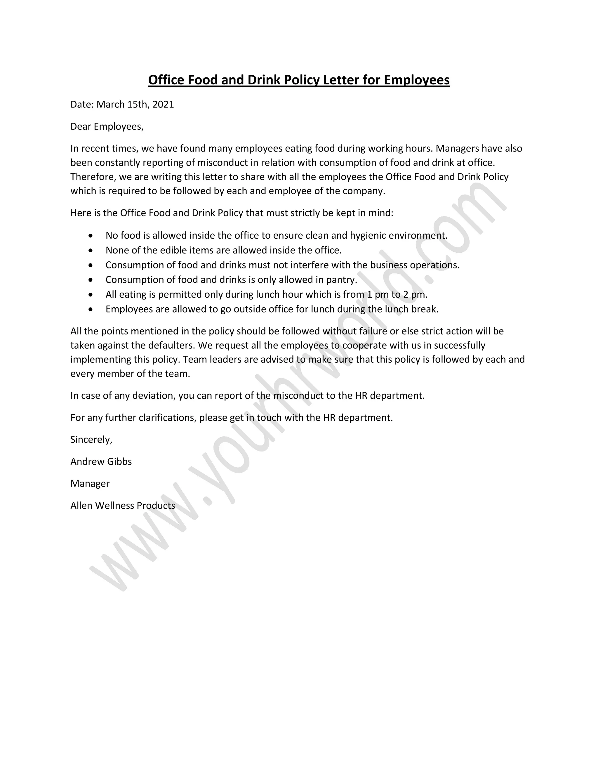 Office Etiquette Food and Drink Policy Letter for Employees | PDF