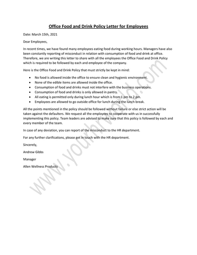 Office Etiquette Food and Drink Policy Letter for Employees | PDF ...