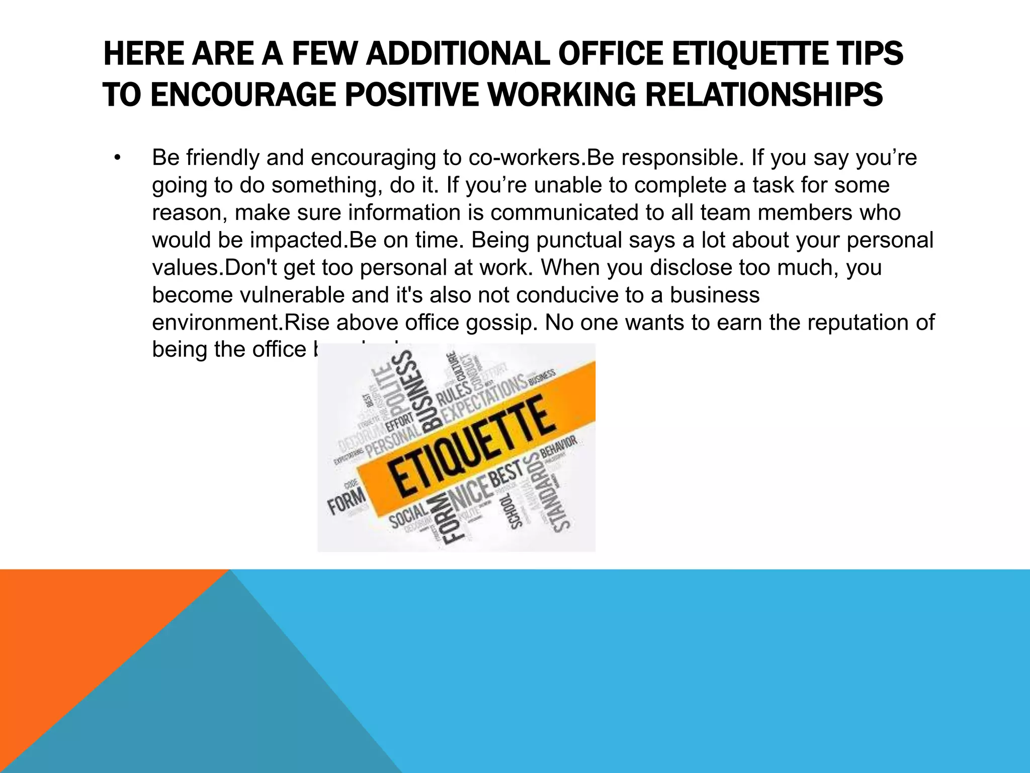 Office Etiquettes.pptx | Resume Writing and Advice | Job Search