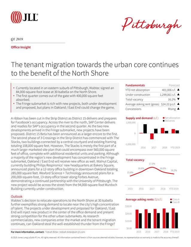 JLL Pittsburgh Office Insight & Statistics - Q1 2019 | PDF