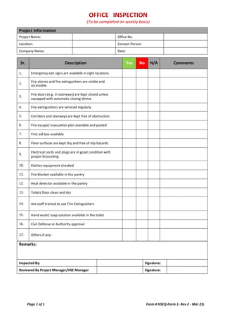 OFFICE INSPECTION Form # HSEQ - Form 1 Rev 2.docx