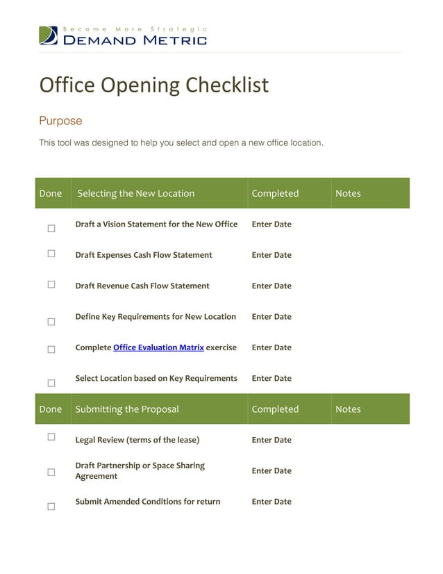 Office Opening Checklist | DOC | Developmental Sites | Real Estate