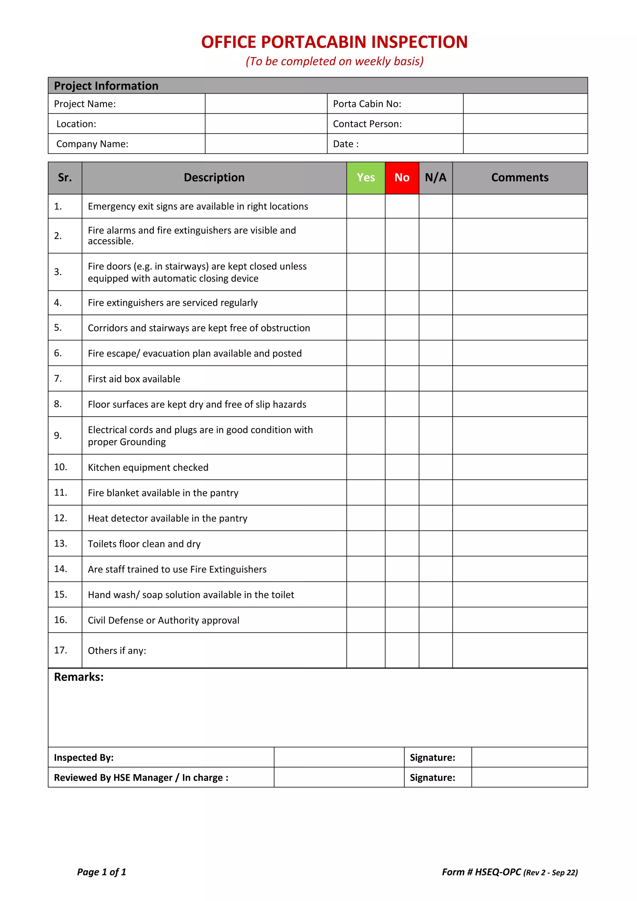 OFFICE PORTA CABIN INSPECTION Form # HSEQ - OPC Rev 2.docx