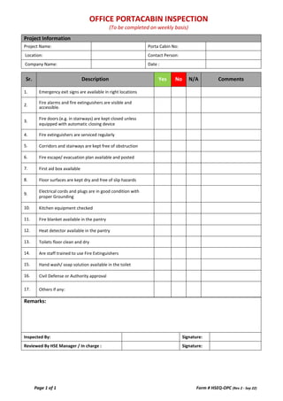 OFFICE PORTA CABIN INSPECTION Form # HSEQ - OPC Rev 2.docx