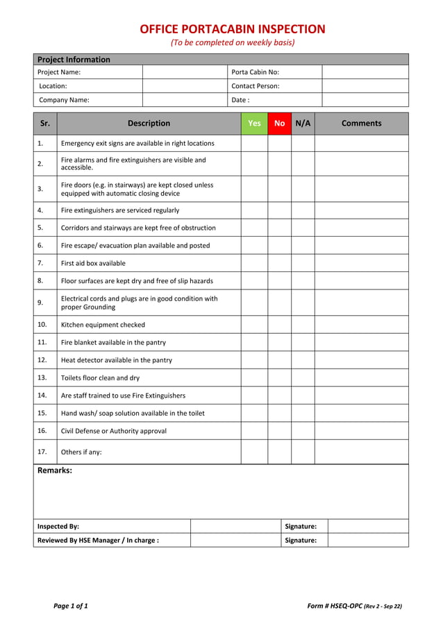 OFFICE PORTA CABIN INSPECTION Form # HSEQ - OPC Rev 2.docx