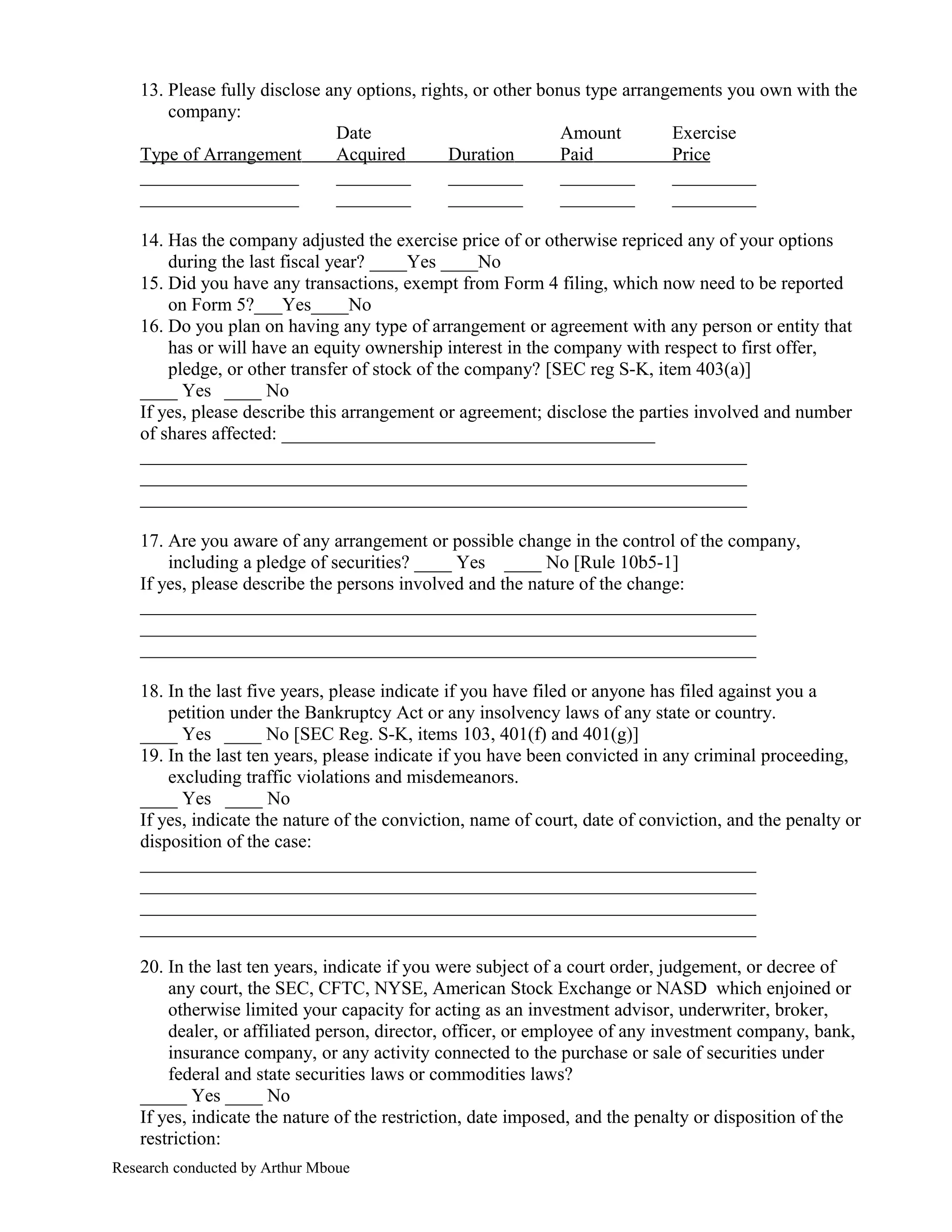 SEC 16 Officer Questionanaire sample | PDF