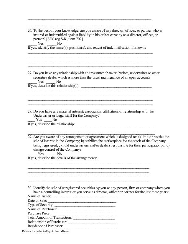 SEC 16 Officer Questionanaire sample