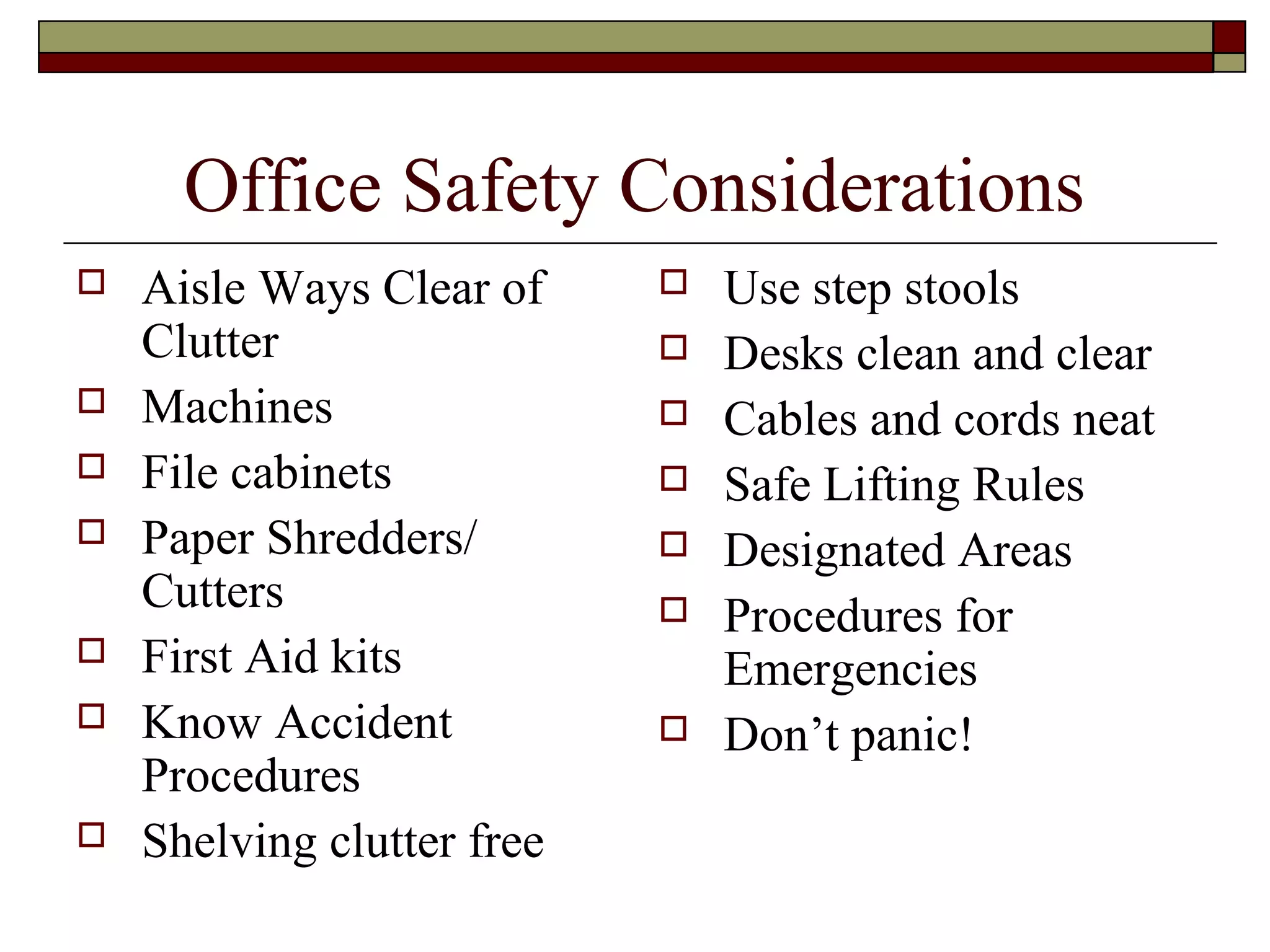 Office safety with visual exam at end | PPT | First Aid | Injuries