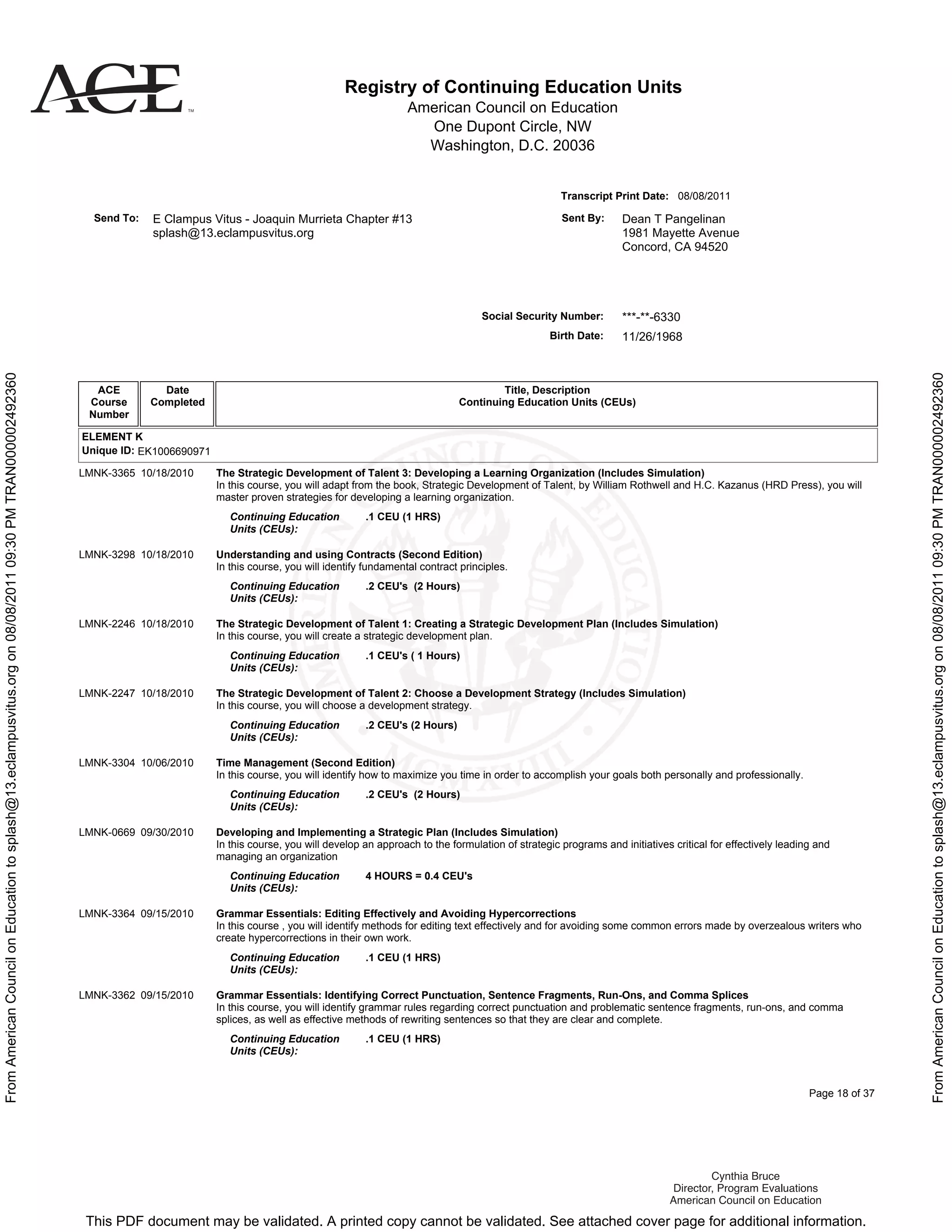 ACE Credit - Official Academic Transcript - Dean Pangelinan | PDF