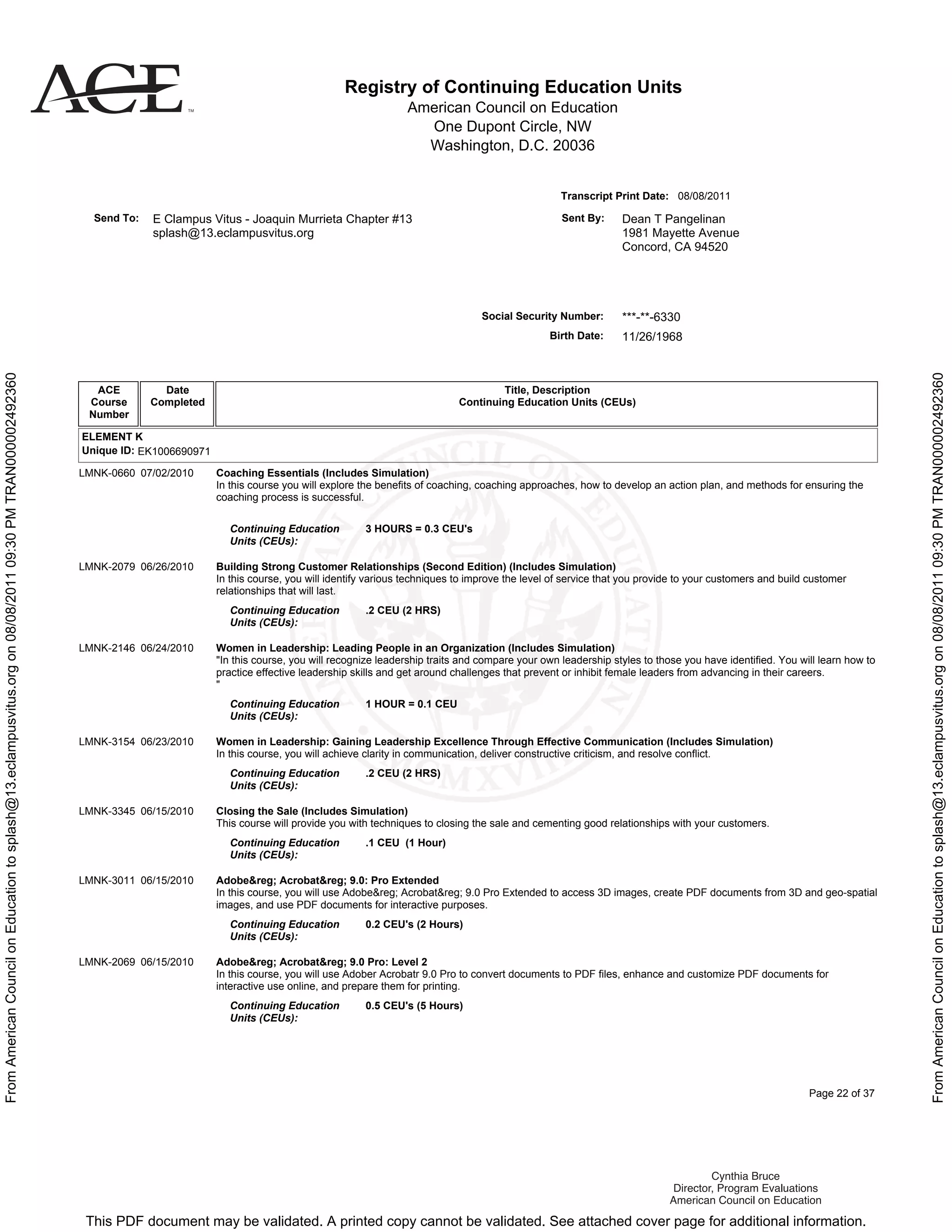 ACE Credit - Official Academic Transcript - Dean Pangelinan | PDF