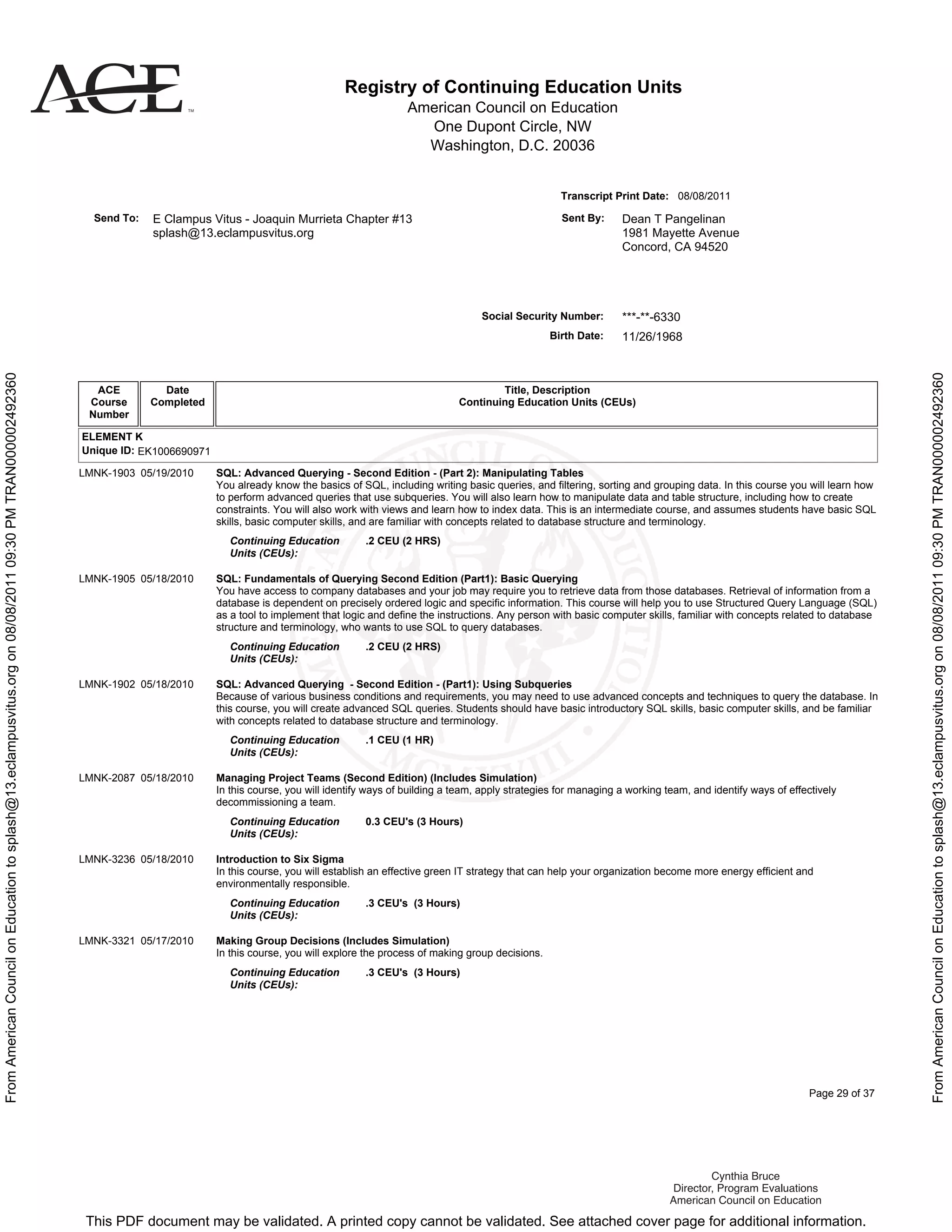 ACE Credit - Official Academic Transcript - Dean Pangelinan | PDF