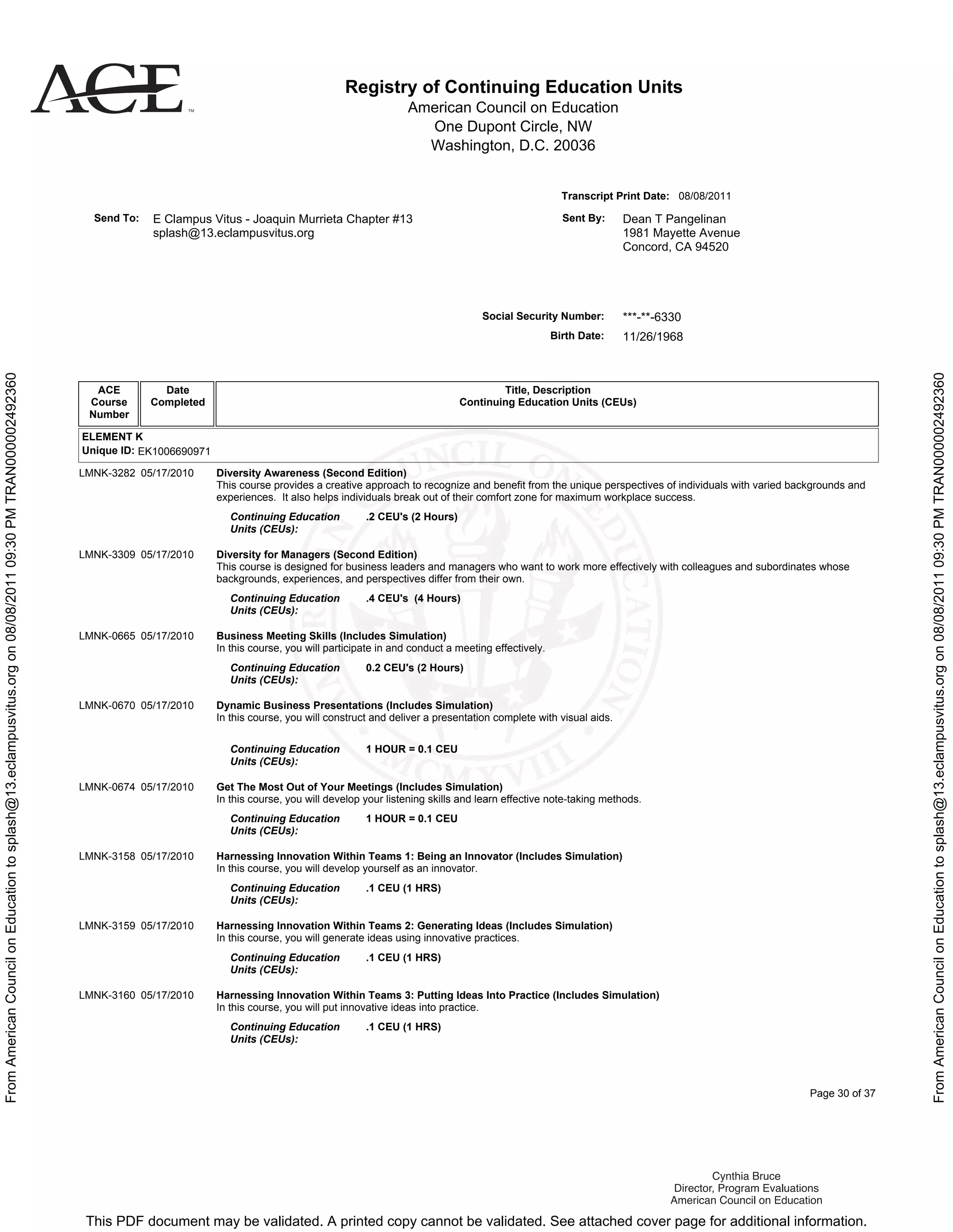 ACE Credit - Official Academic Transcript - Dean Pangelinan | PDF