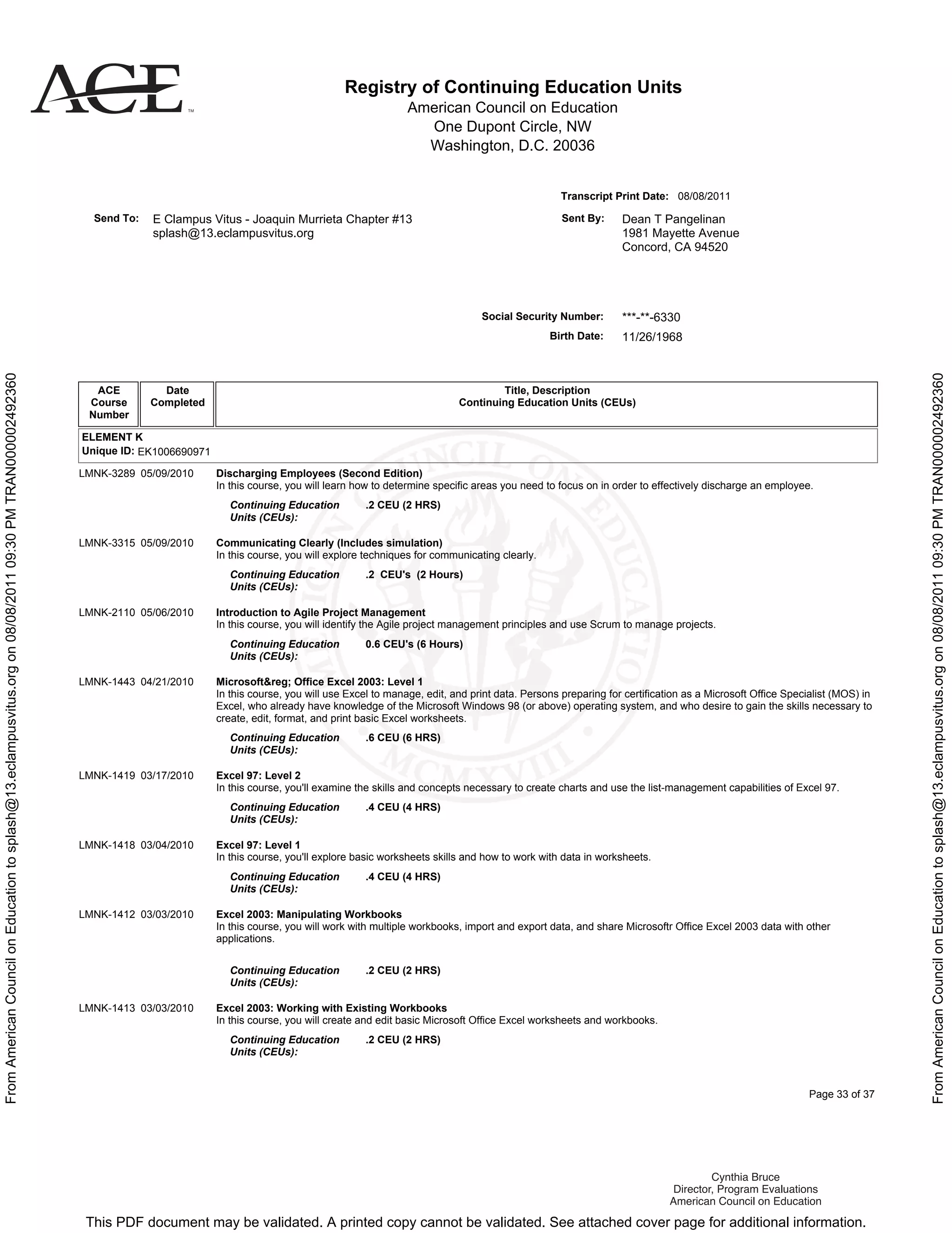 ACE Credit - Official Academic Transcript - Dean Pangelinan | PDF