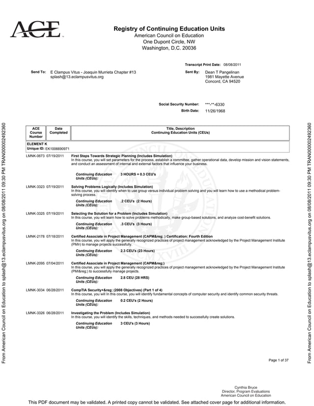 ACE Credit - Official Academic Transcript - Dean Pangelinan | PDF