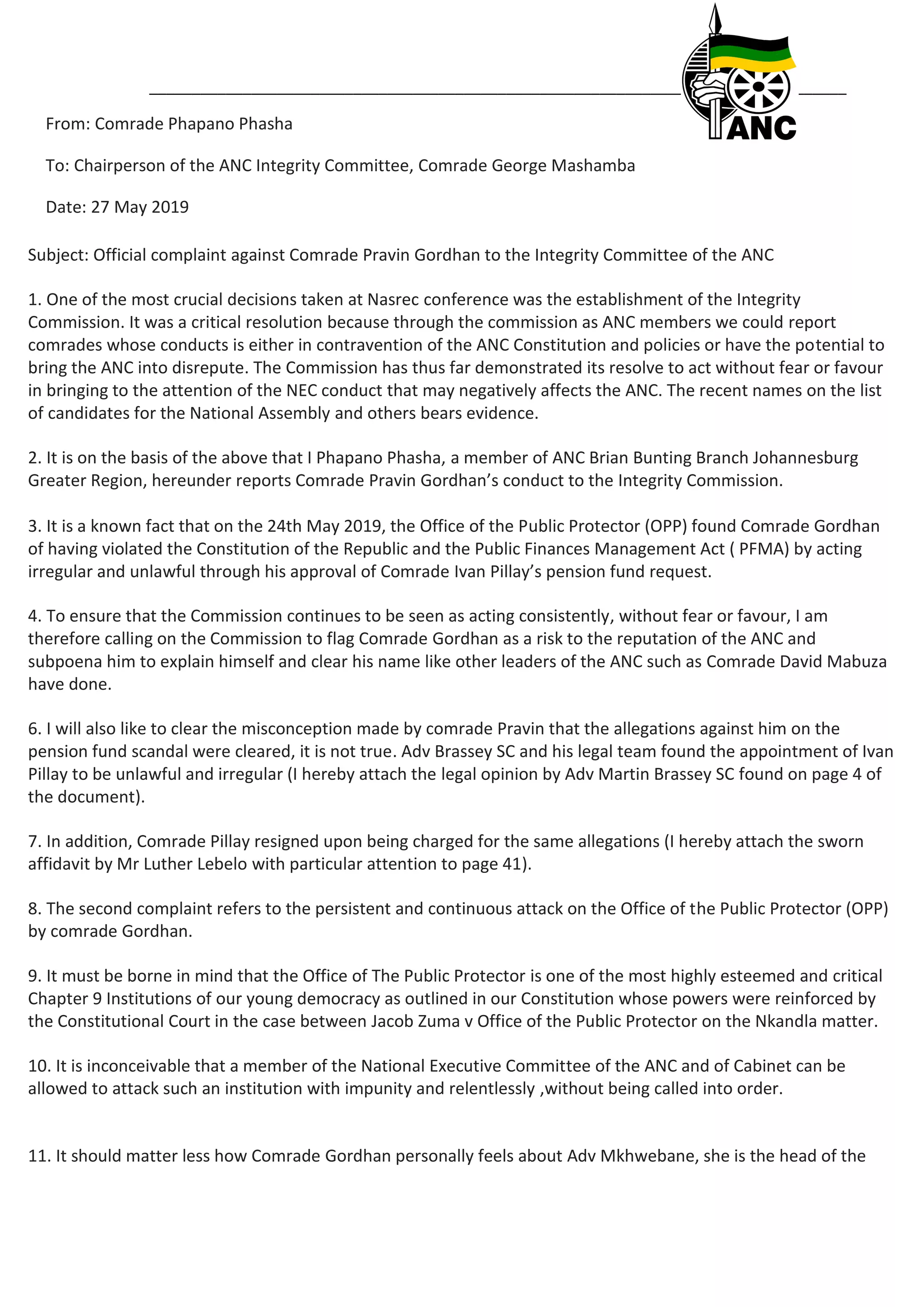 Official complaint against Comrade Pravin Gordhan to the integrity ...