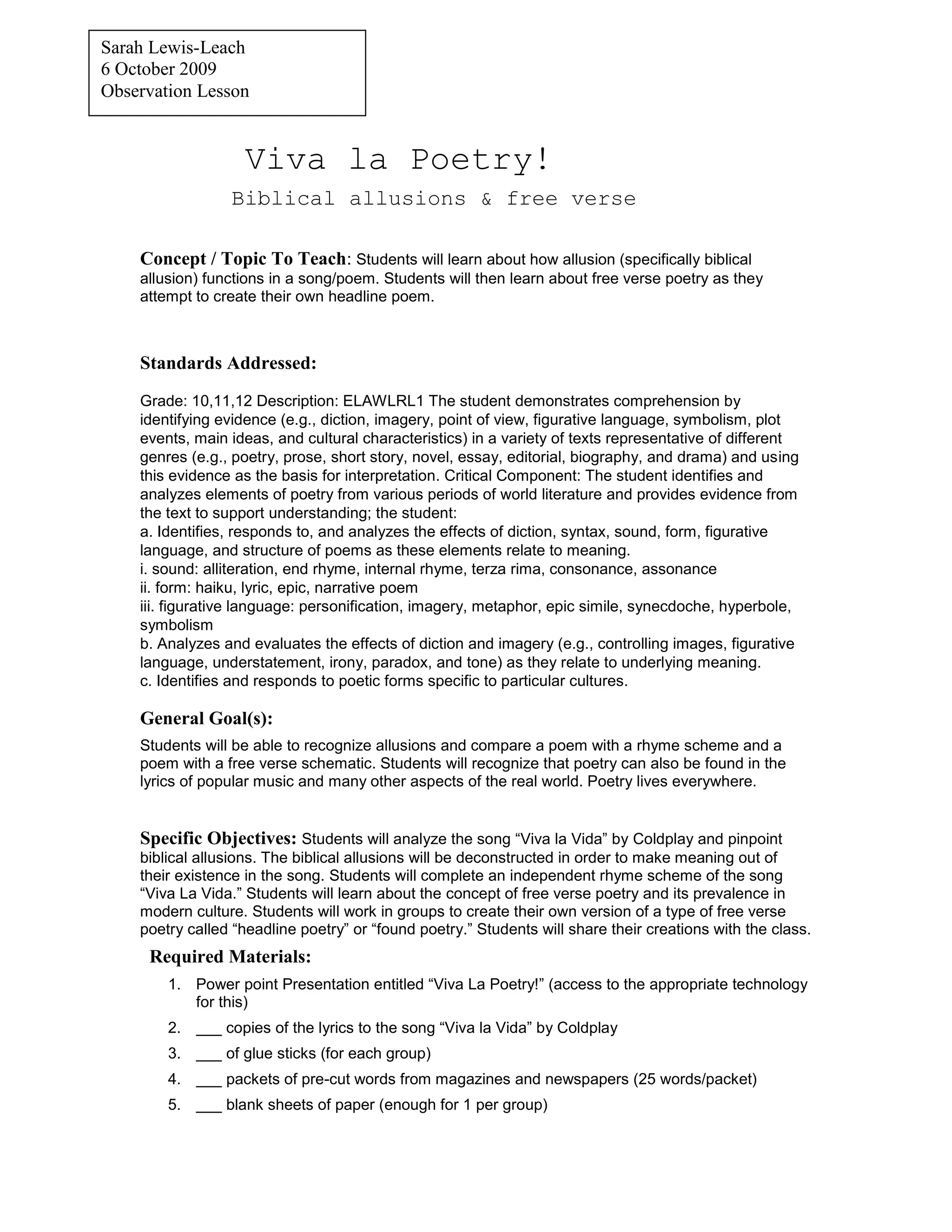 Official Lesson Plan To Viva La Poetry! | DOCX