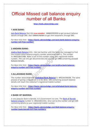 Official missed call balance enquiry number of all banks | PDF