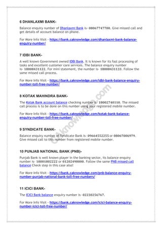 Official missed call balance enquiry number of all banks | PDF