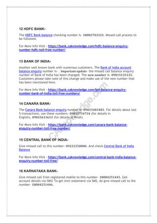 Official missed call balance enquiry number of all banks | PDF