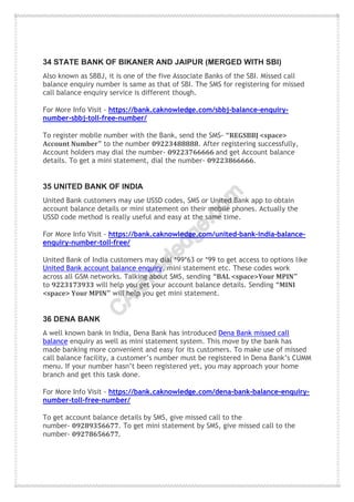 Official missed call balance enquiry number of all banks | PDF