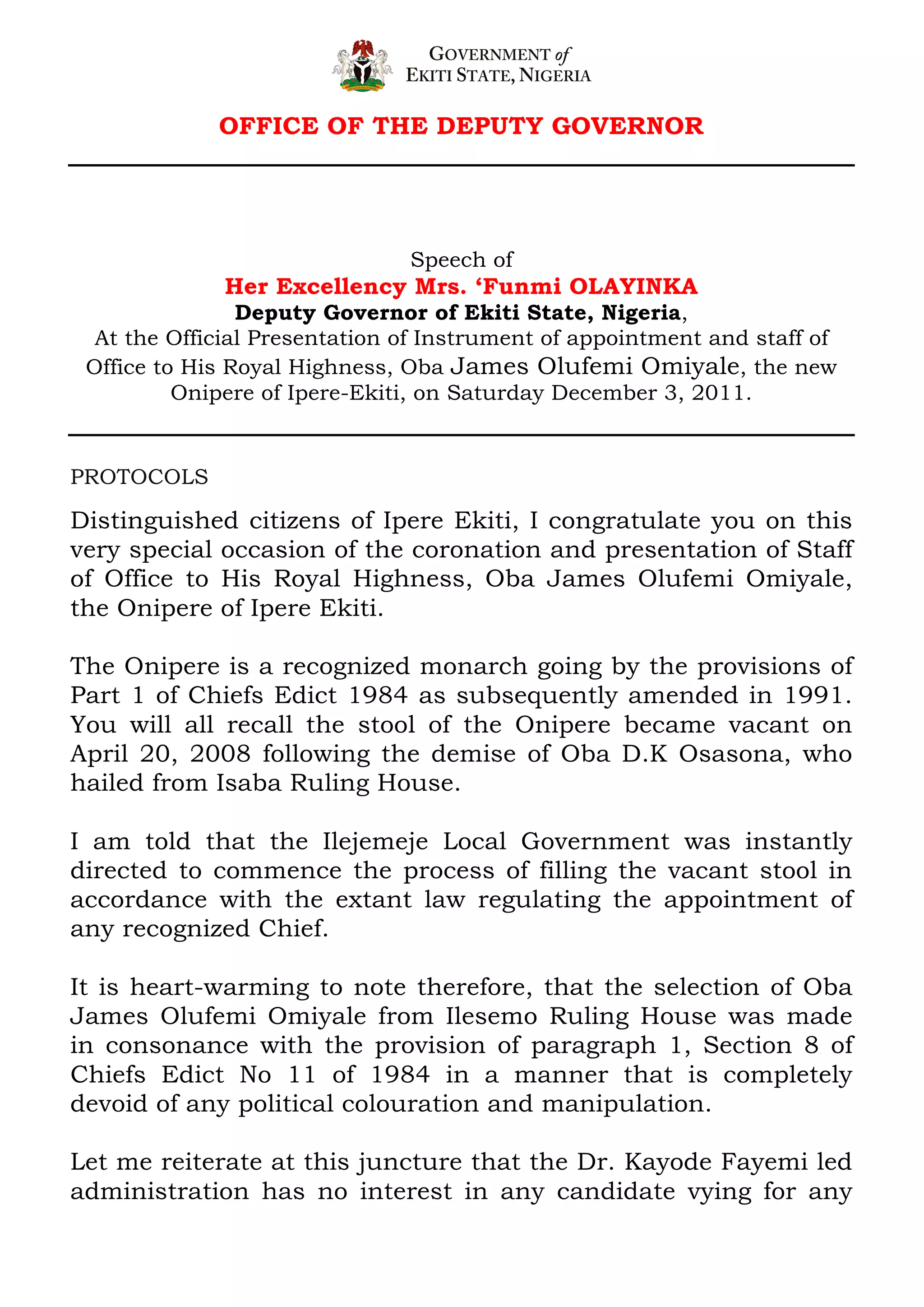 Official presentation of instrument of appointment and staff of office ...