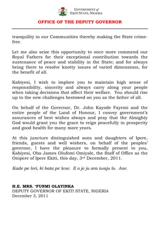 Official presentation of instrument of appointment and staff of office ...