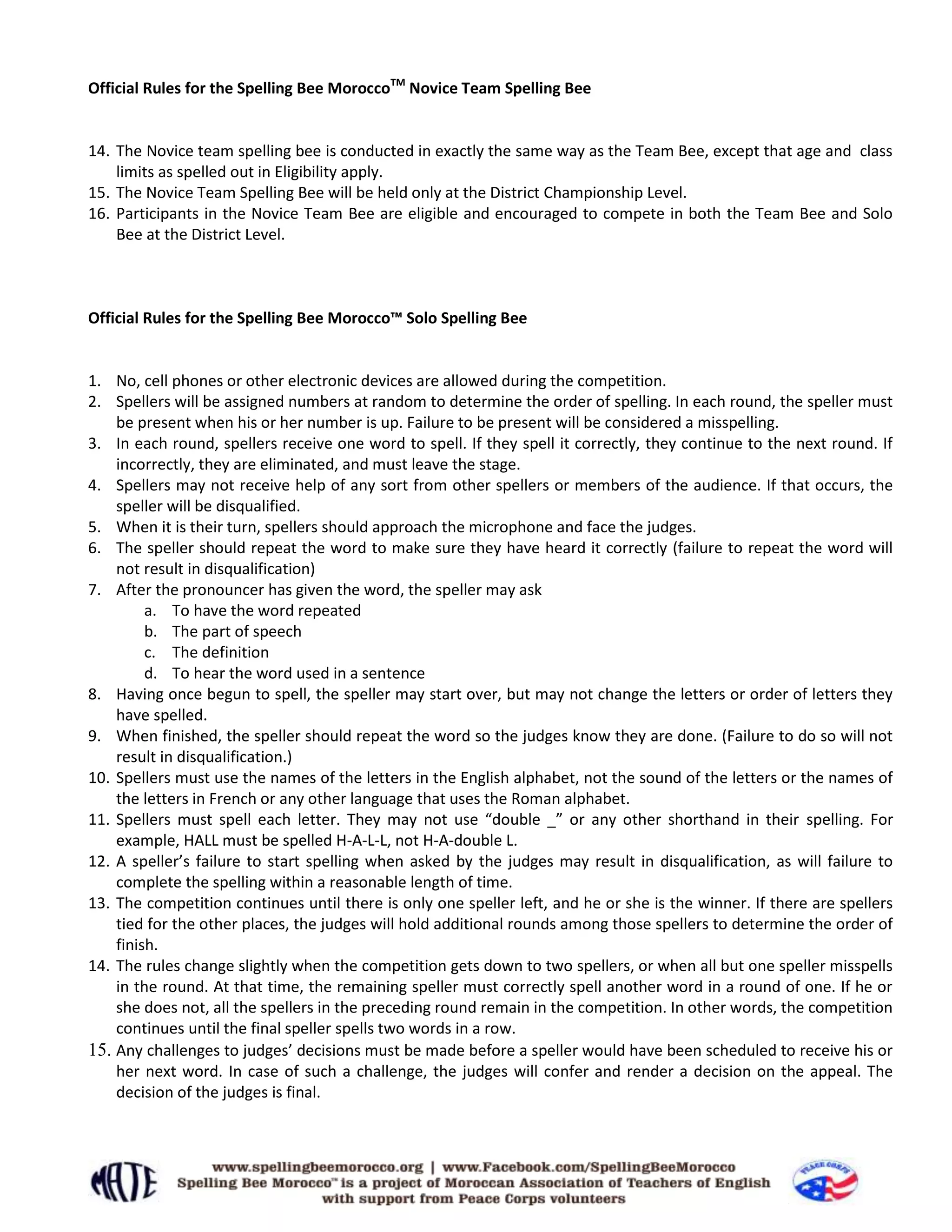 Official rules for spelling bee morocco™ 2013 | PDF