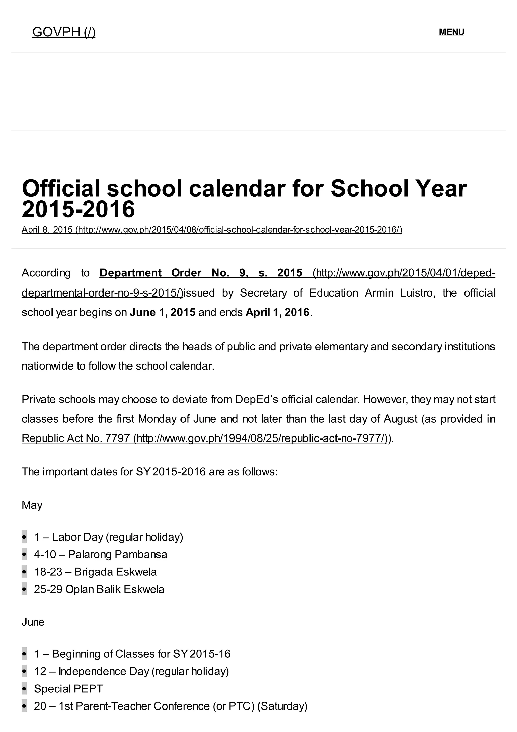 k-12 toolkitOfficial school calendar for school year 2015 2016 official ...