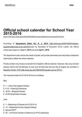 k-12 toolkitOfficial school calendar for school year 2015 2016 official ...