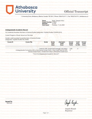 Official Transcript Athabasca University Deepak (Danny) Singh July 18 ...