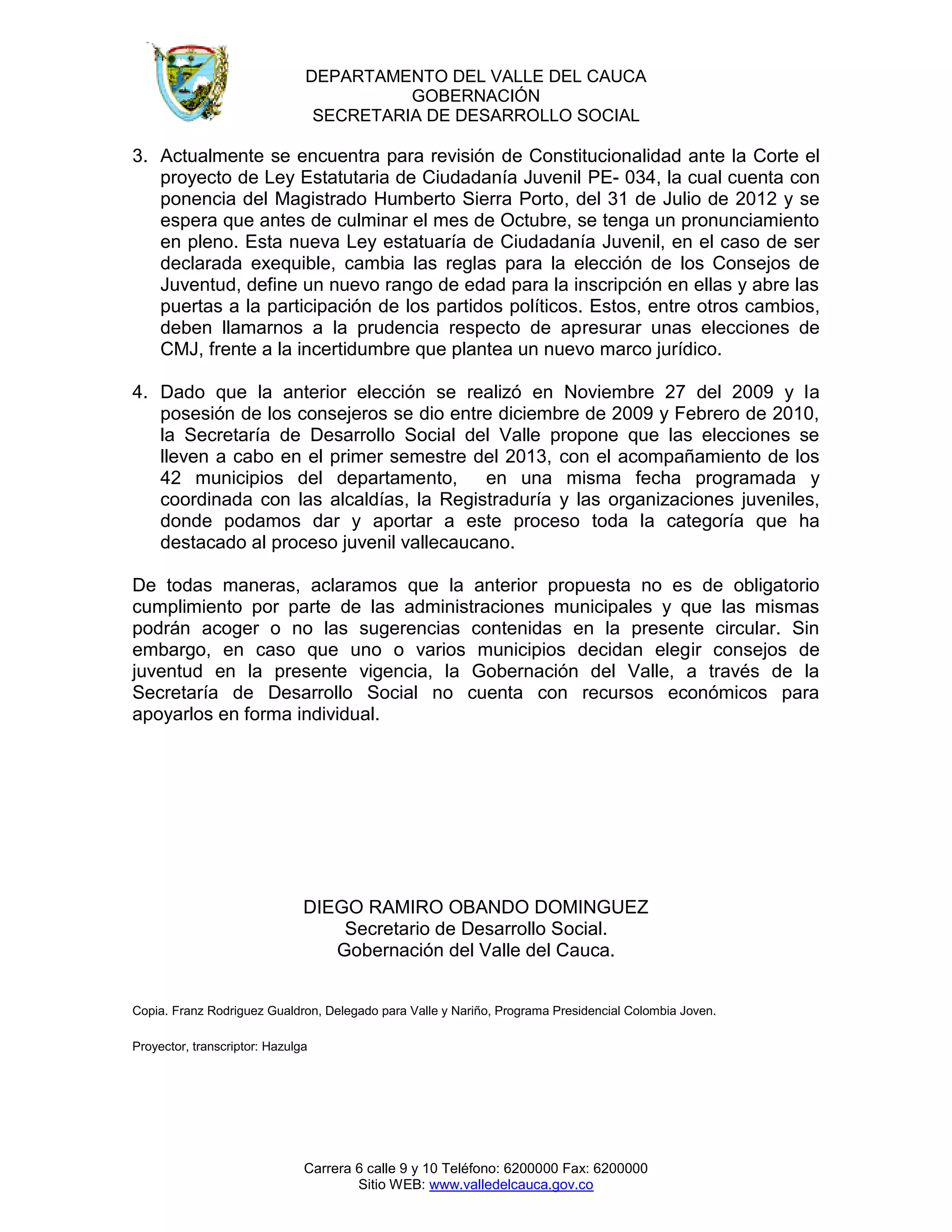 Oficio Gobernacion Valle / Elección CMJ | PDF