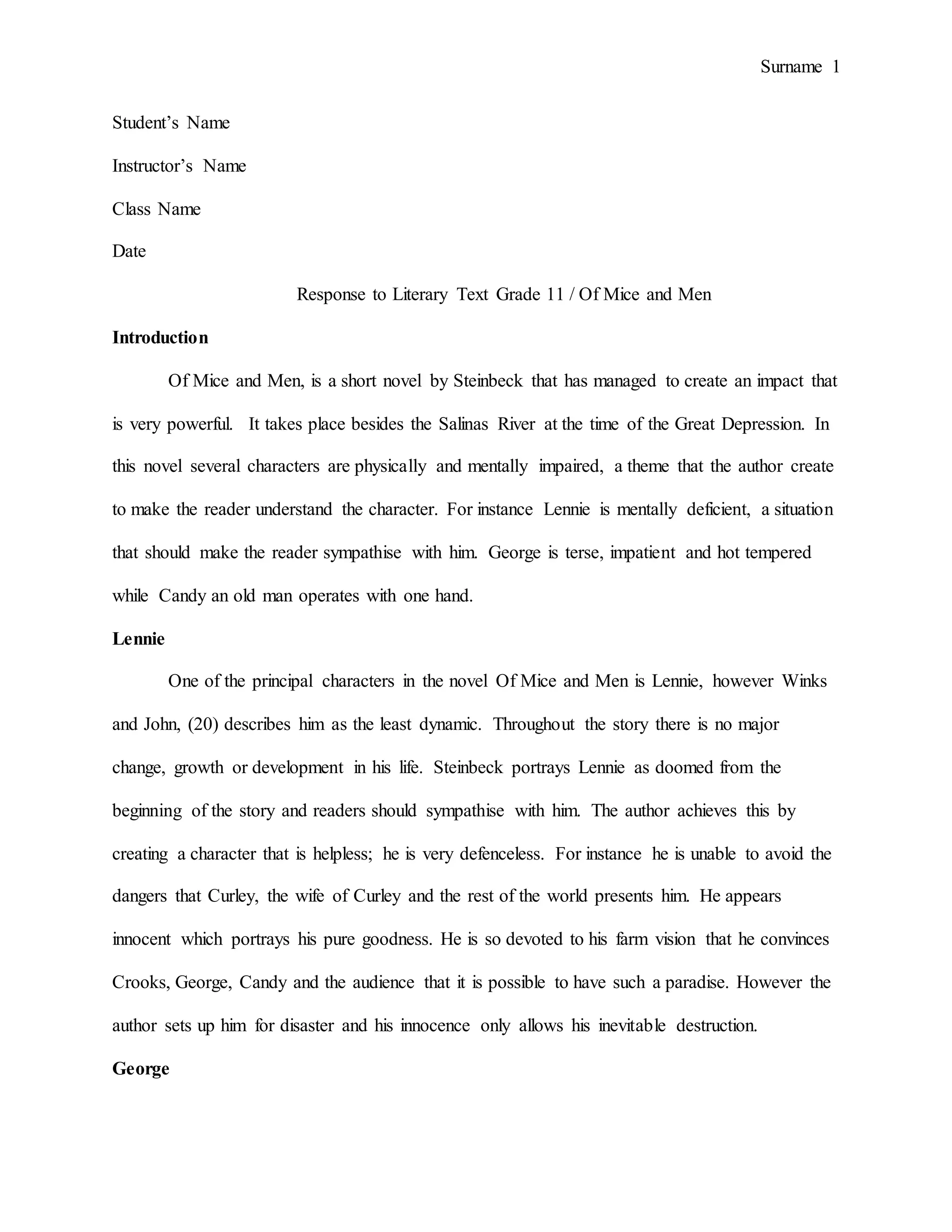 Of mice and men essay sample | DOC