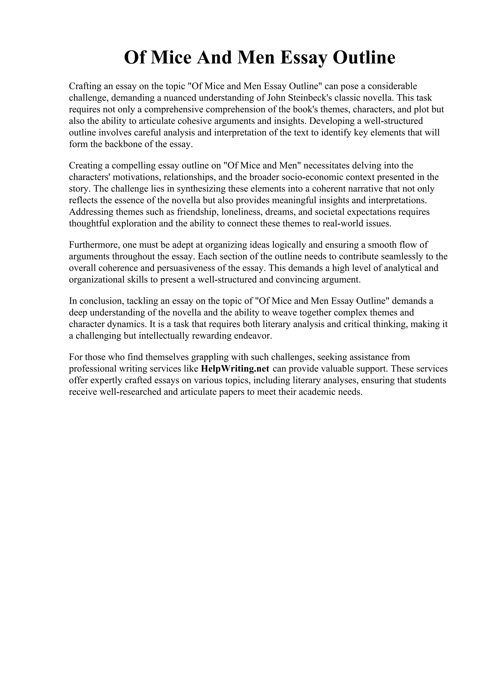 Of Mice And Men Essay Outline. Of Mice and Men Essay - Prompt with ...