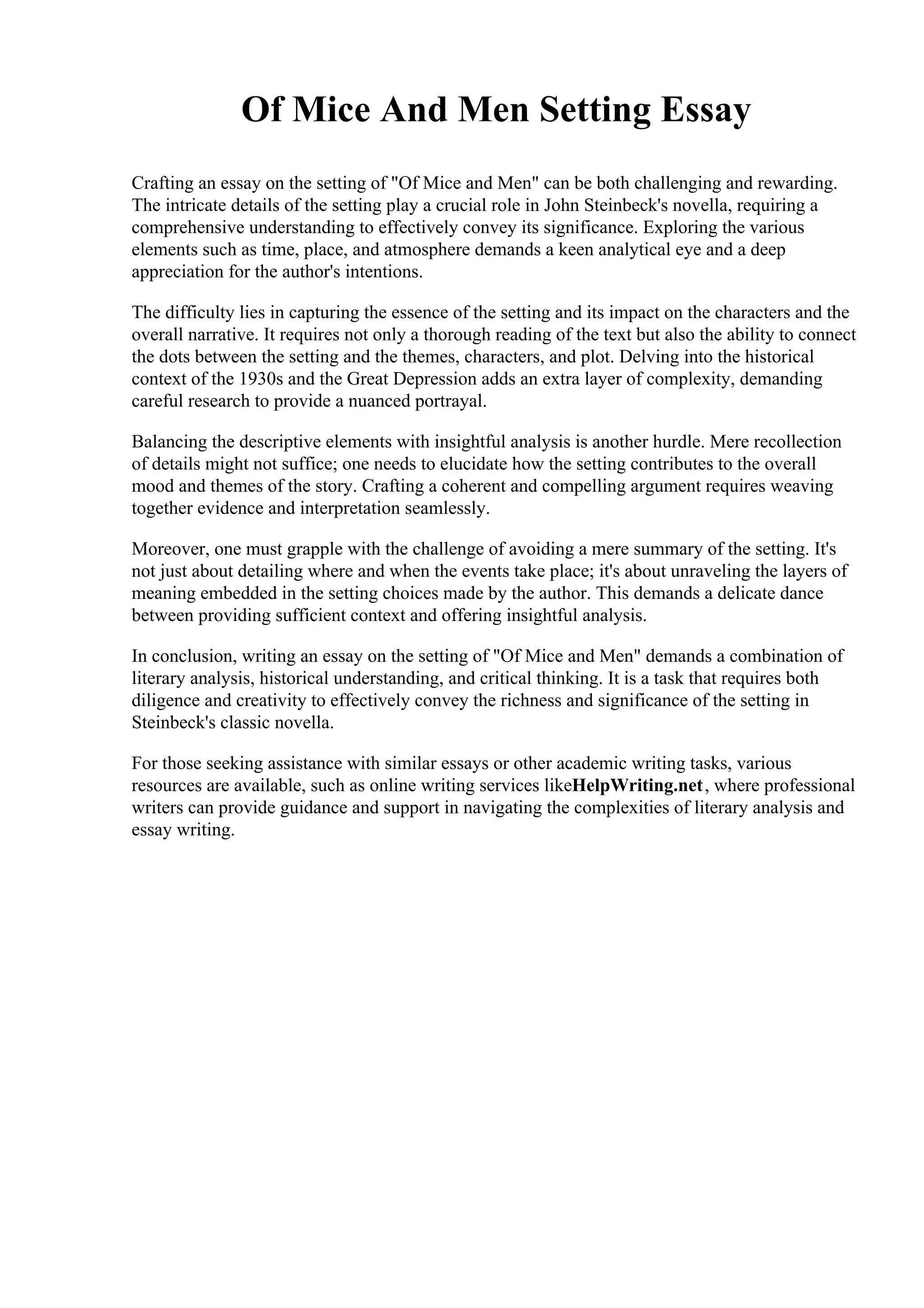 Of Mice And Men Setting Essay. Greensboro College | PDF