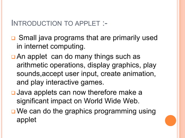 Applet programming | PPTX | Programming Languages | Computing