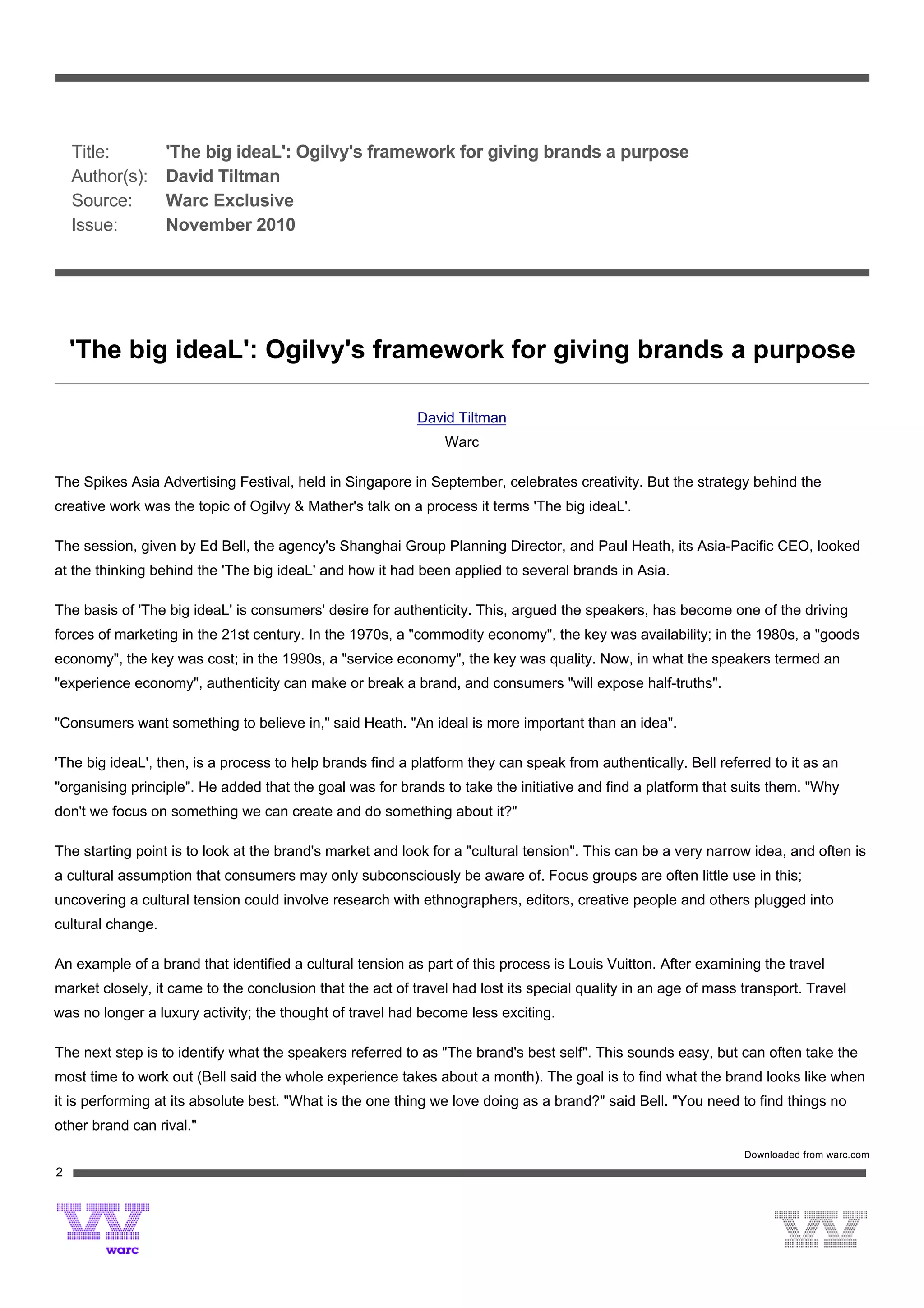 The big ideaL: Ogilvy's framework for giving brands a purpose | PDF