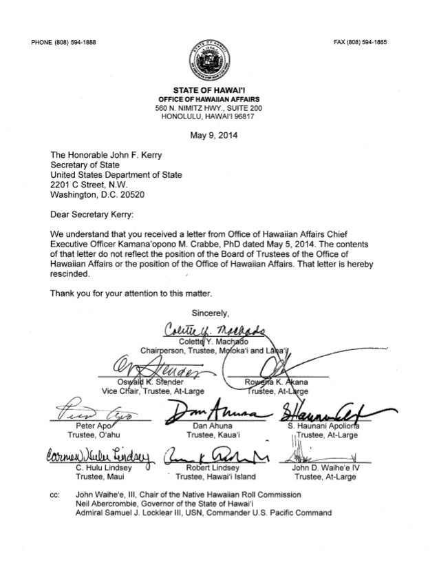 Oha board of trustees letter to john kerry rescind