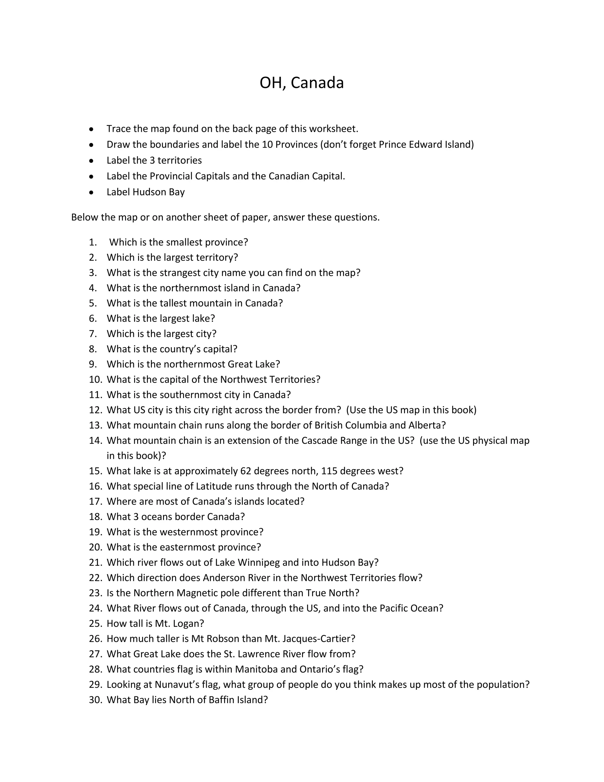 Canada map worksheet | DOCX | North America Travel | Travel Locations